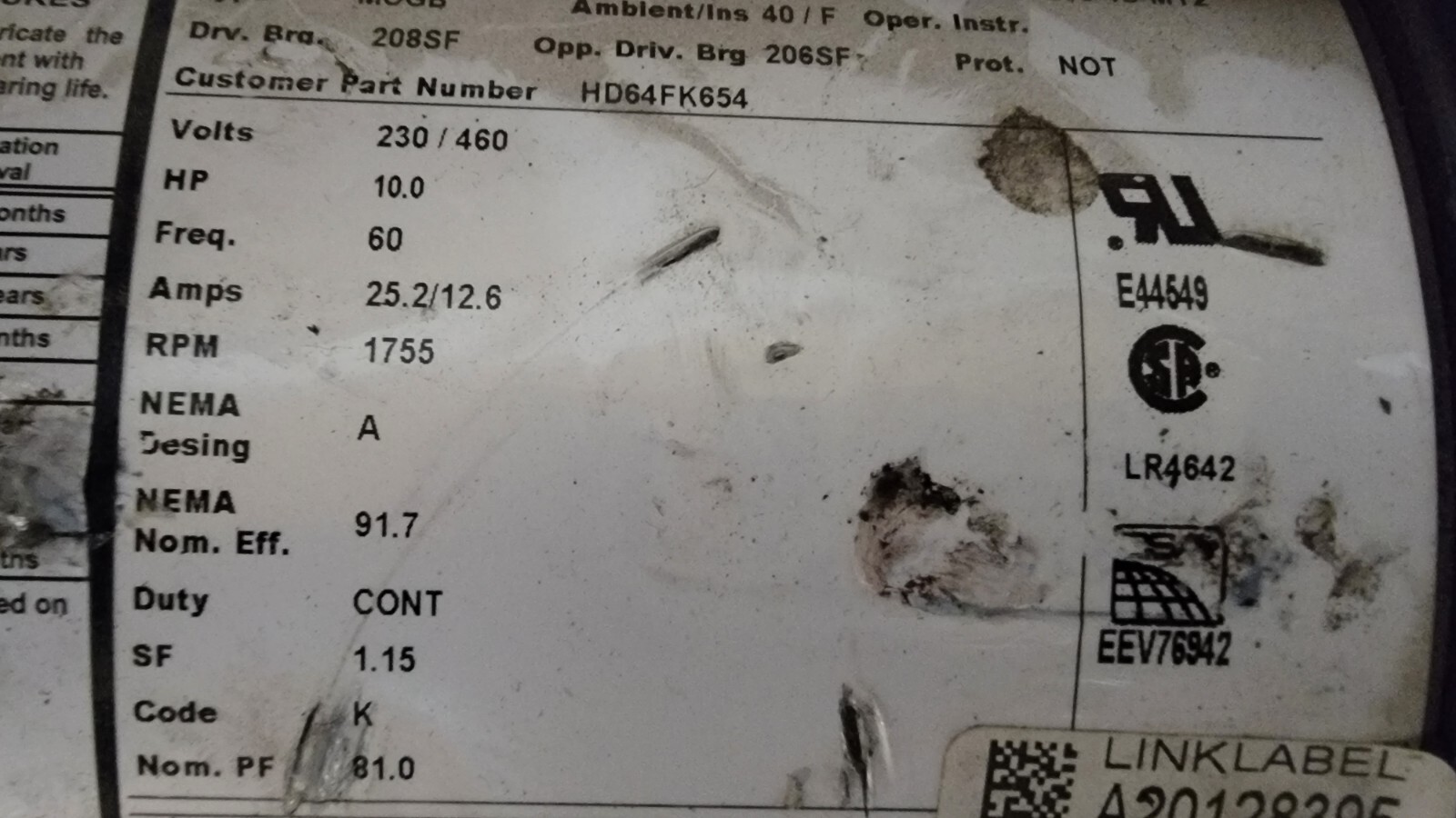 10HP 1800 RPM Continuous Duty Motor 230V 460V 3P HD64FK654 S215T MOGB ...