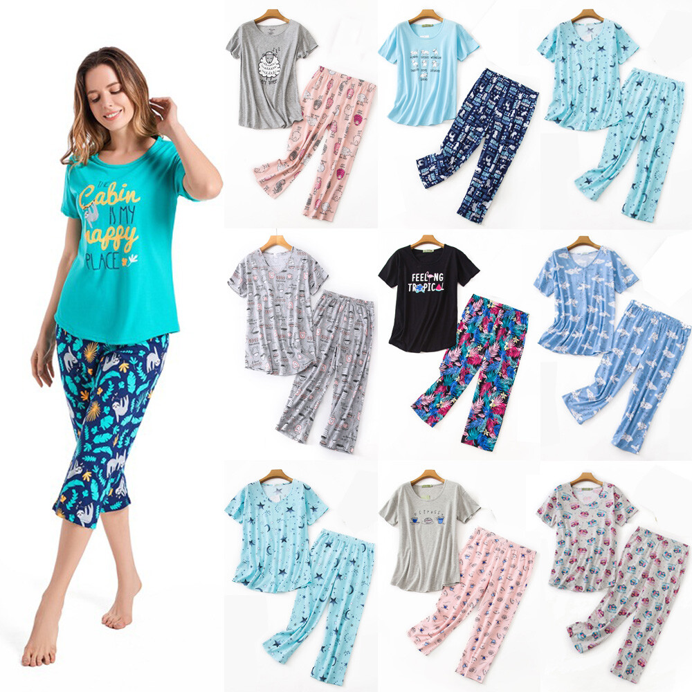 Ladies Pyjama Set Printed Pjs Womens Short Sleeve Loungewear Nightwear ...