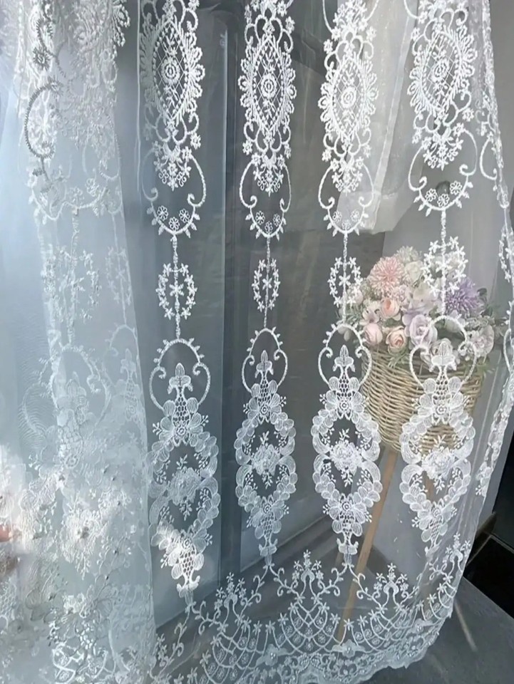 1 Pc White Pearl Flower Embroidered Sheer Curtain,Light Filtering Gauze ...