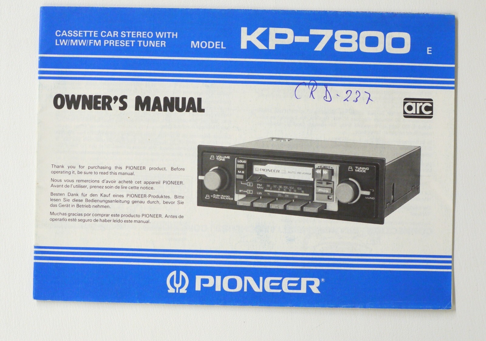 Original PIONEER KP-7800 Car Cassette Tuner Operating Manual ...