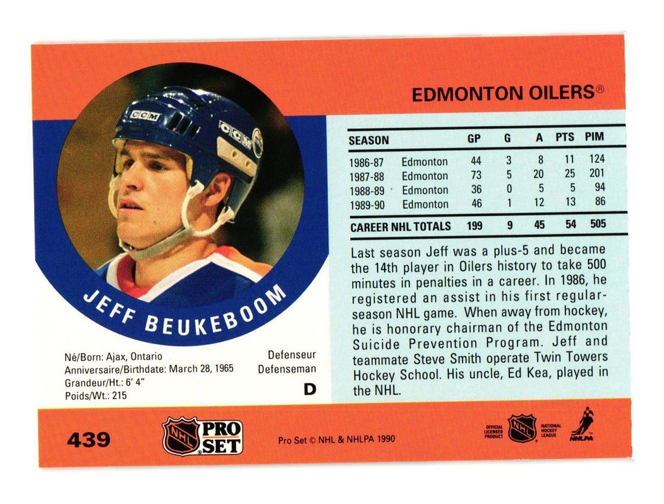 1990 Pro Set #439 Jeff Beukeboom Edmonton Oilers | eBay