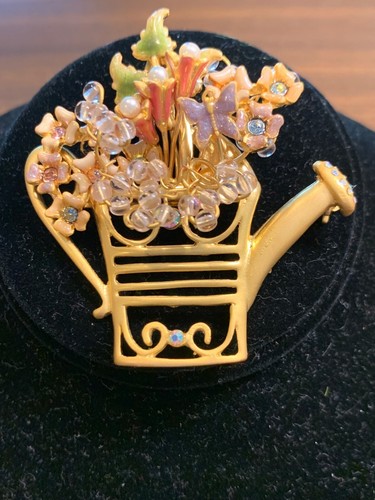Watering Can Brooch With Flowers Crystals & Enamel Detailing | eBay