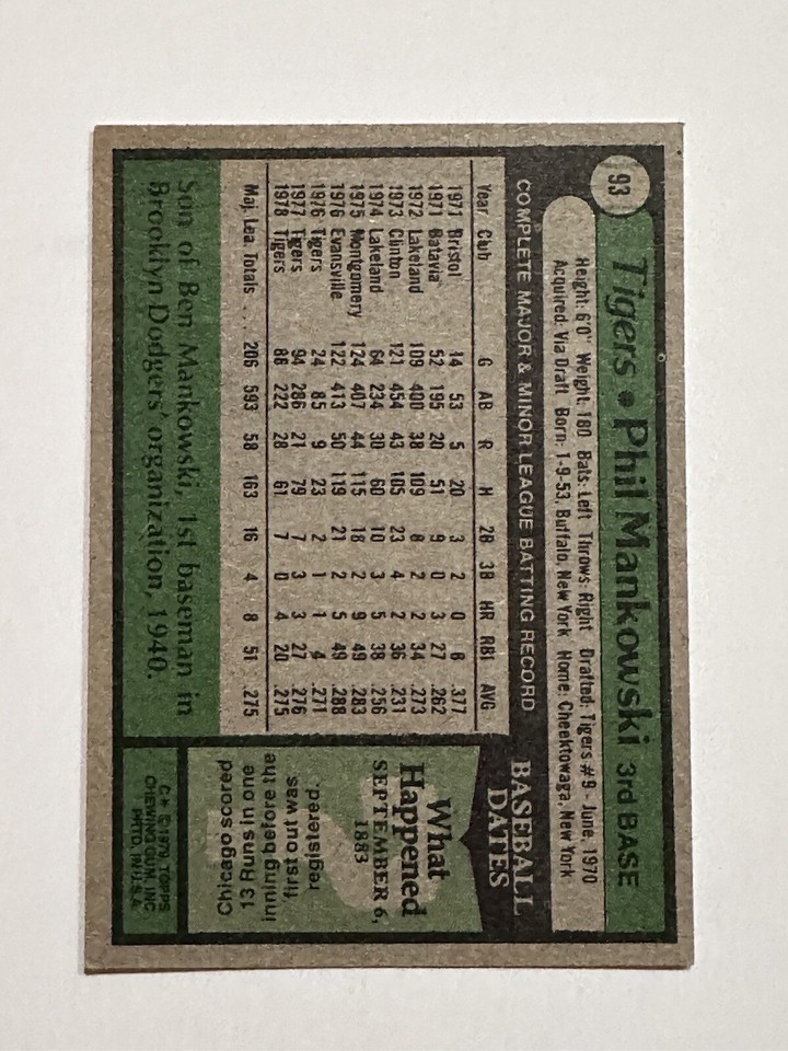 Phil Mankowski Tigers Signed 1979 Topps Baseball Card #93 [0774] | eBay