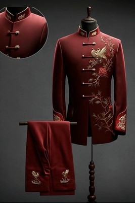 Maroon Mandarin Collar Suit With Gold Dragon Embroidery And Traditional ...