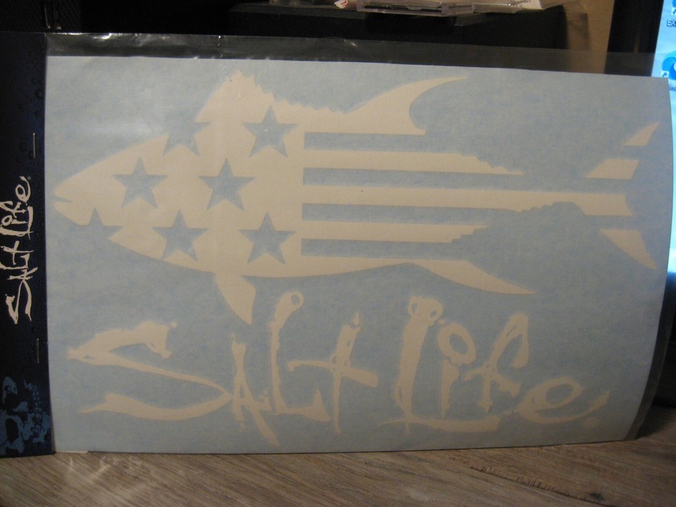 Salt Life Decal - 12" Medium Surface Mount Sticker - Flag Fish - White ...
