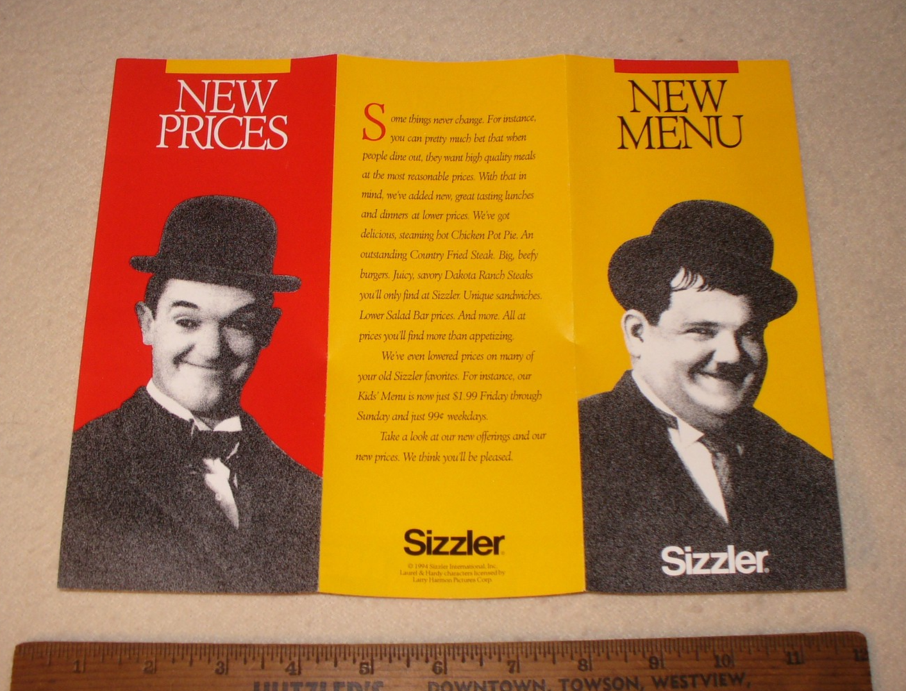 1994 SIZZLER STEAKHOUSE Restaurant Menu Laurel & Hardy Promo New Menu ...