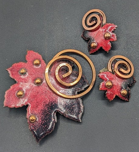 Vtg MATISSE Signed Copper Red Enamel Leaf Jewelry Set Clip Earrings Pin ...