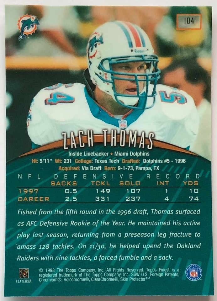 ZACH THOMAS 1998 Topps Finest #104 TEXAS TECH ~ MIAMI DOLPHINS *Free ...