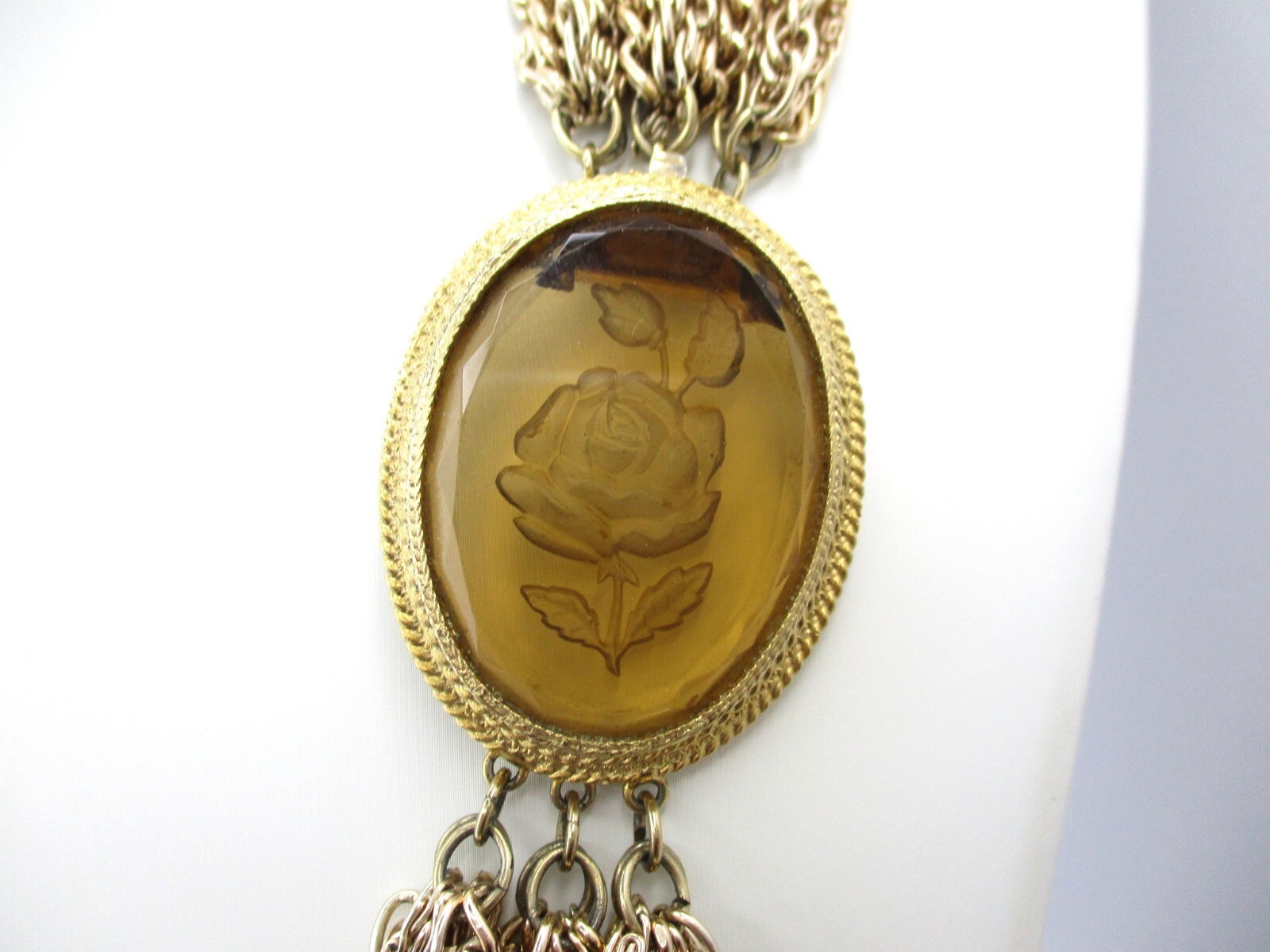 Vintage 24 Strand GOLDETTE Amber Glass Reverse Intaglio Necklace ...
