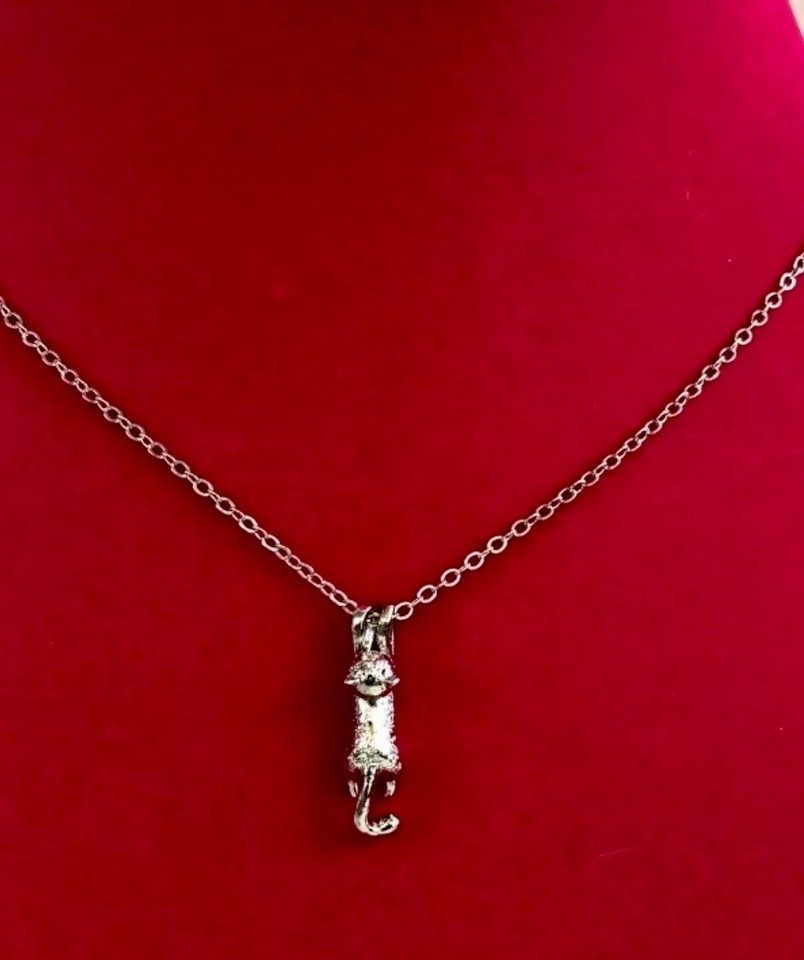 Cat Kitten Hanging Off Sterling Silver Chain Necklace Gift Collectible ...