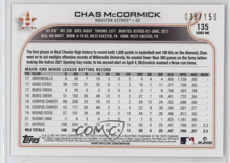 2022 Topps Series 1 1st Edition Green /150 Chas McCormick #135 Rookie ...