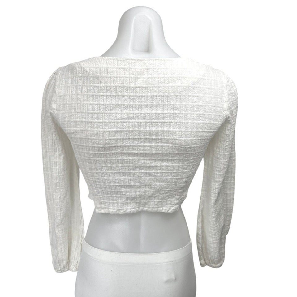 Line & Dot Fall For You White Long Puff Sleeve V-neck Button Crop ...