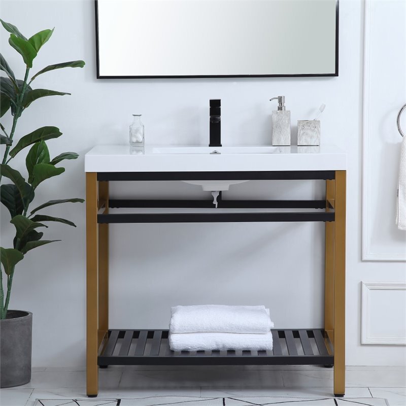 Elegant Decor Raya 36" Single Resin Top Metal Bathroom Vanity in Gold ...