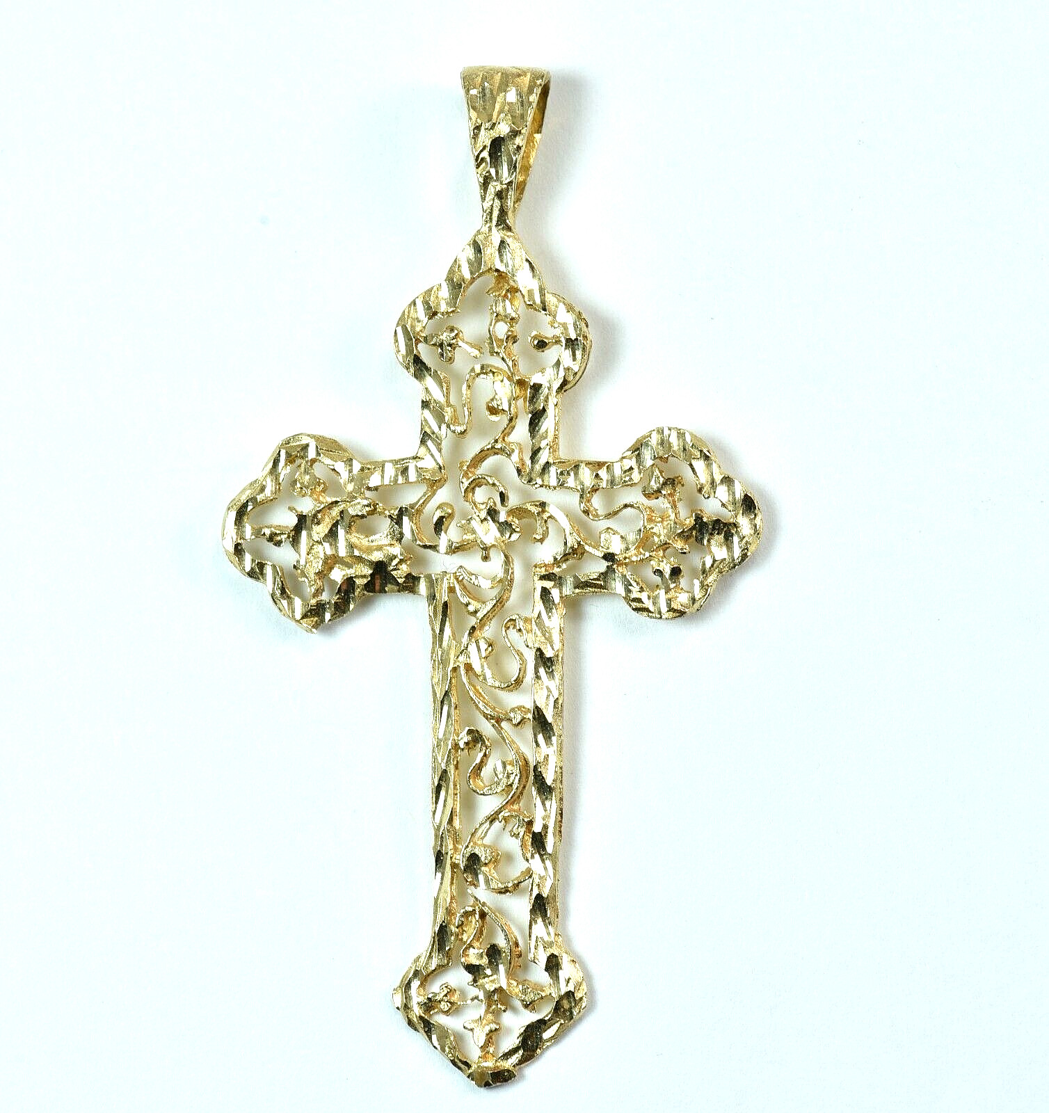 14k Solid Gold Cross Pendant Diamond Cut Filigree - Gem