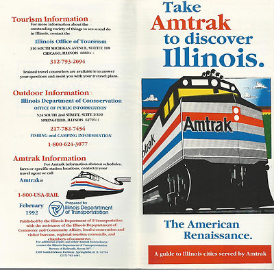 Amtrak to Illinois 1992 Brochure Guide to Illinois Cities Route Map ...
