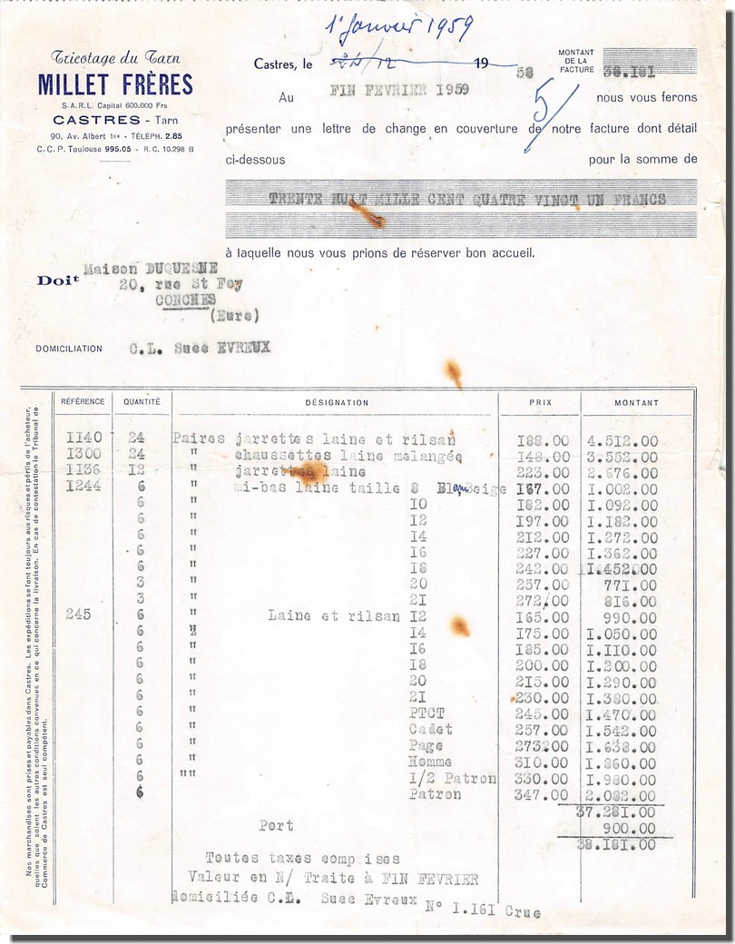 Invoice Knitting Yarn Tarn Millet Frères IN Castres 1959 | eBay