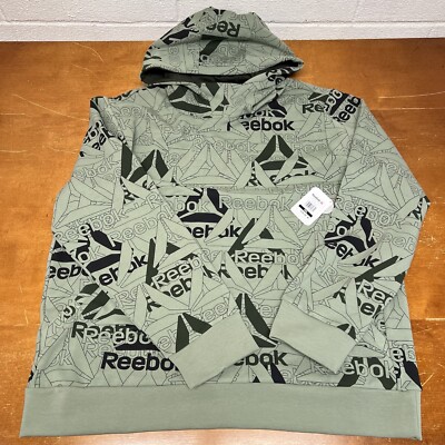 Reebok Hoodie Mens 2XL Green All Over Print Pullover Long Sleeve ...