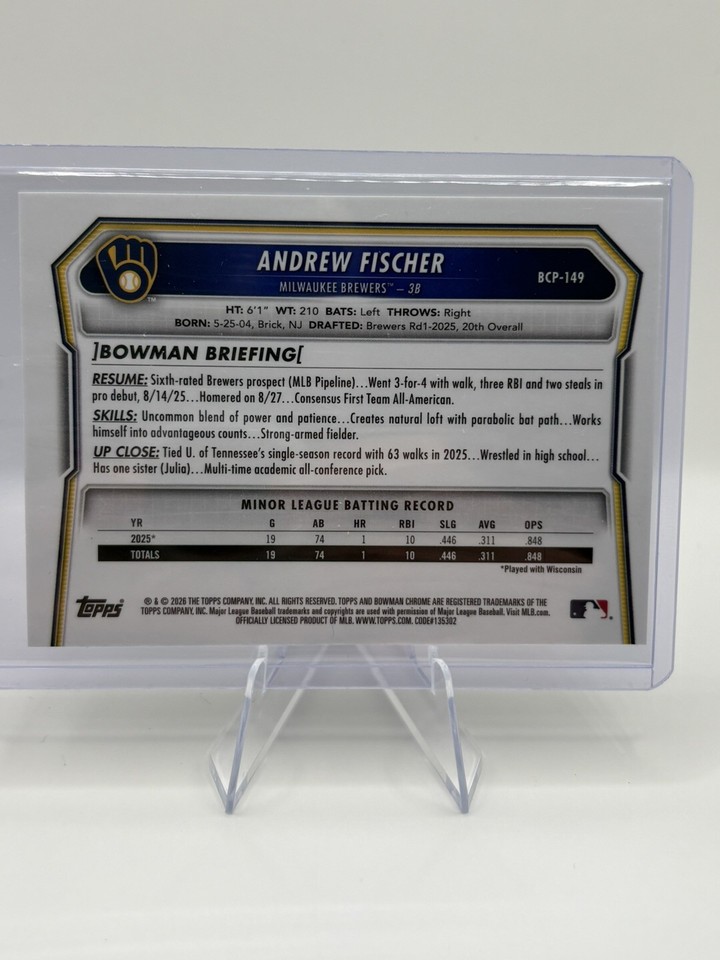🔥2026 Bowman Baseball BCP-149 Andrew Fischer 1st Bowman Chrome Brewers ...