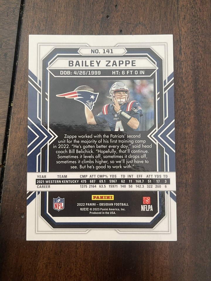 2022 Panini Obsidian Bailey Zappe White Contra 🔥CASE HIT SSP Patriots ...