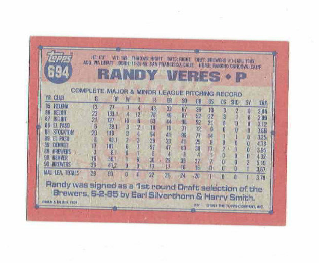 Randy Veres Brewers Pitcher #694 Topps 1991 Baseball Card | eBay