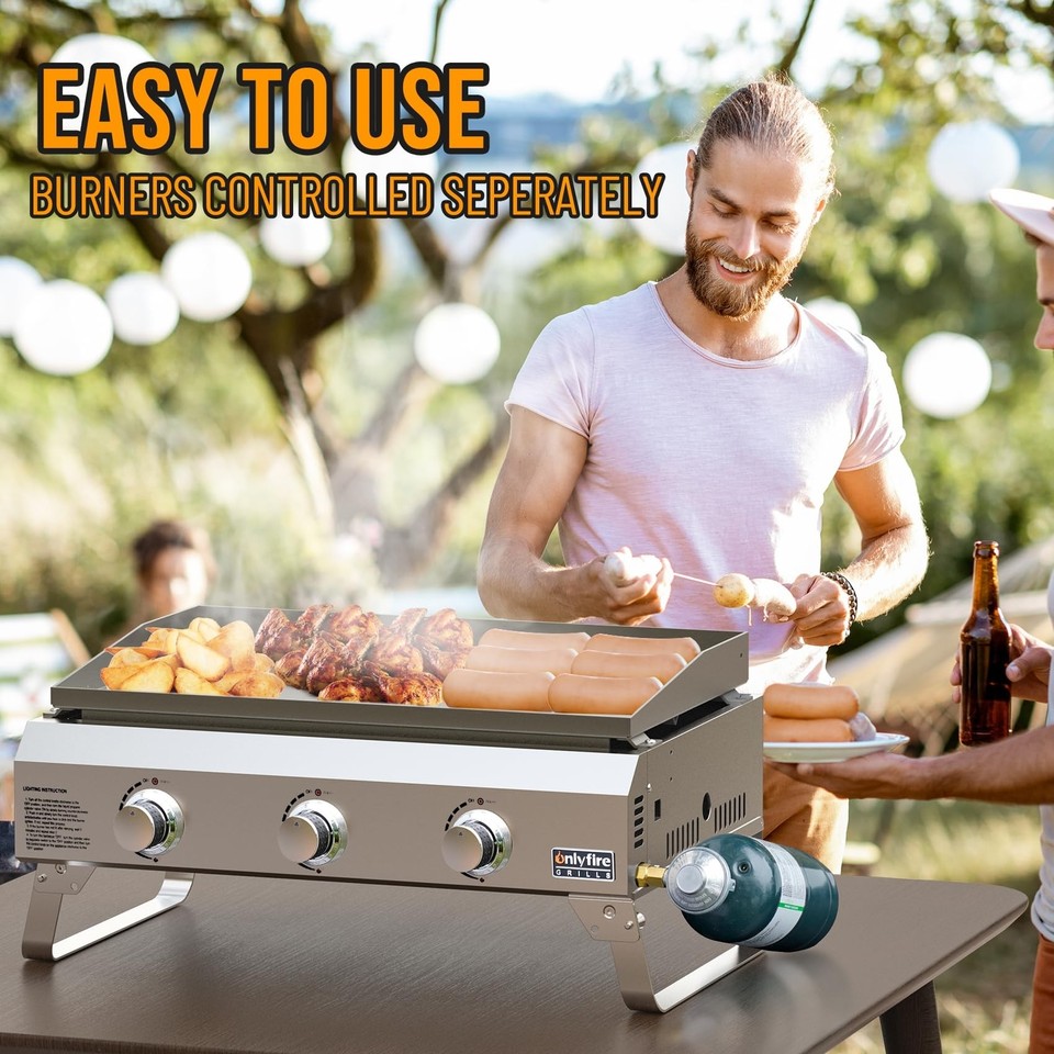 Onlyfire Flat Top Gas Griddle, 3-Burner Tabletop BBQ Propane Gas Grill ...