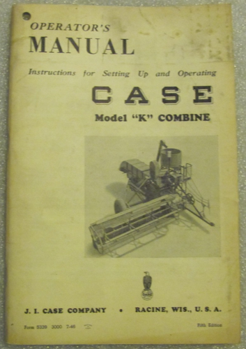 Case Model "K" Combine Operators Manual Book Genuine Factory Original ...