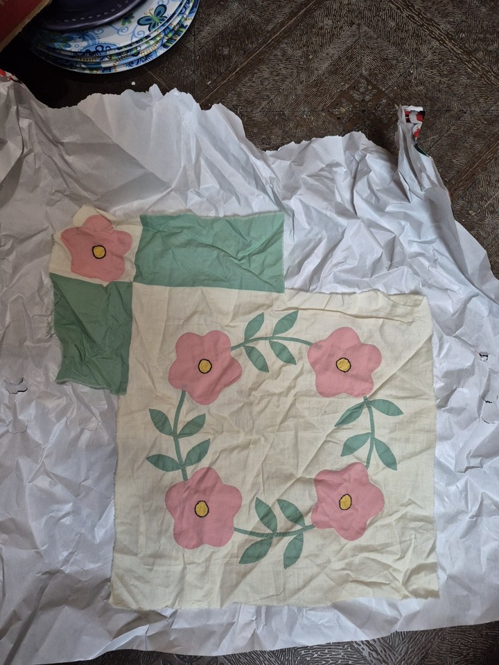 vintage quilt topper scrap hand sewn handmade pieced floral squares ...