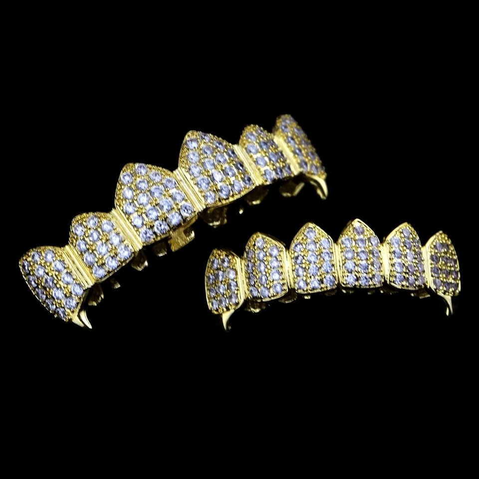 18k Gold Plated Vampire Fang Grillz Set Fangs Grills Iced Simulated CZ ...