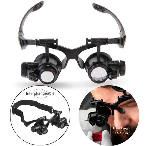 Double Eye Magnifier Loupe Glasses Hands Free With LED Light Magnifying ...