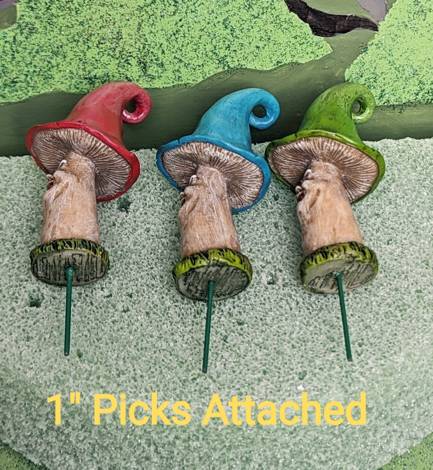 Miniature Mushroom Man Picks Set of 3 Blue Green Red Fairy Garden Gnome ...