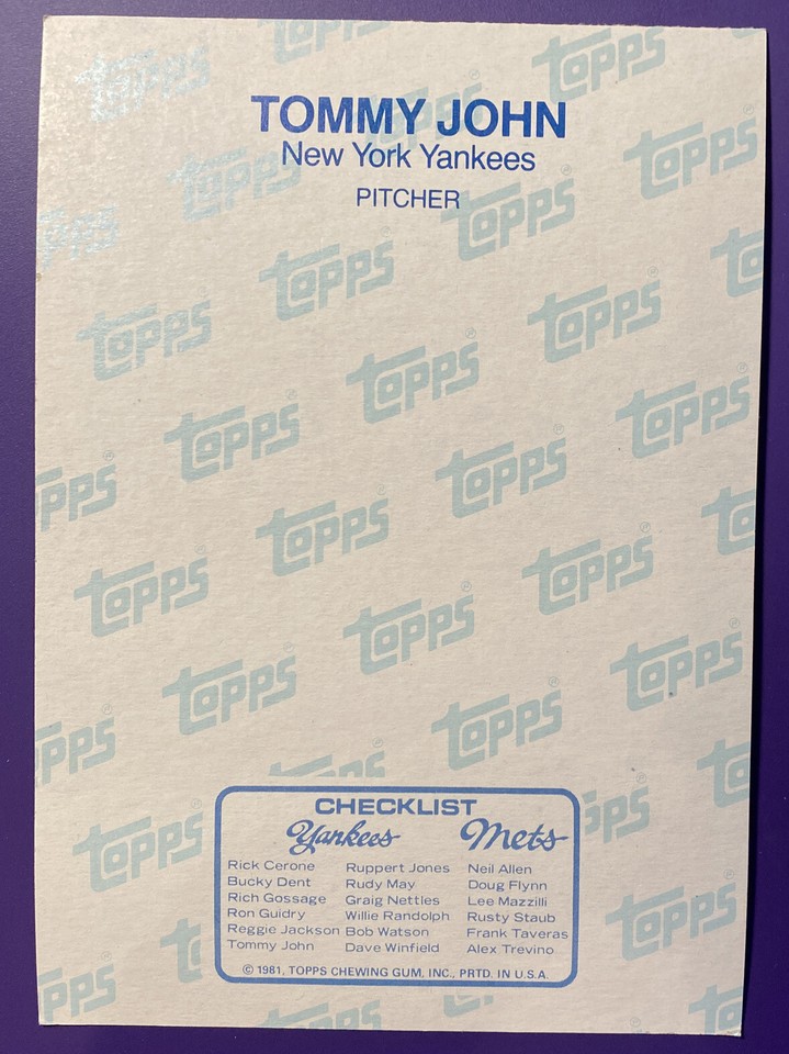 Tommy John - Yankees -1981 Topps Large 5 x 7 Baseball Card - Near Mint ...