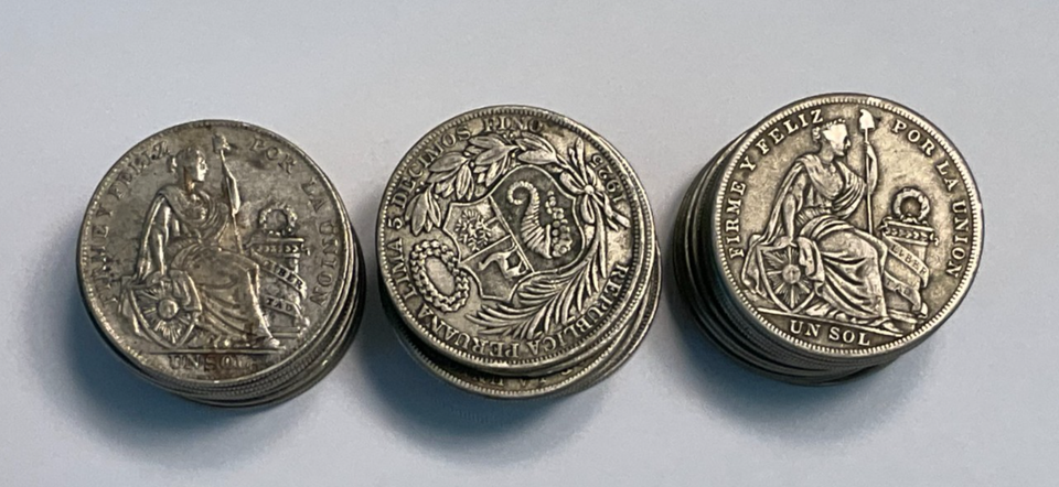 1923 to 1935 Peru Un Sol .50 Silver Coin, 25.0 gms, 50% Silver, 0.4019 ...