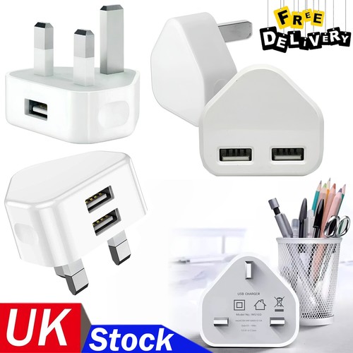 UK 3 Pin Dual USB Plug Adapter Mains Wall Charger 1 2 Port For Phones ...