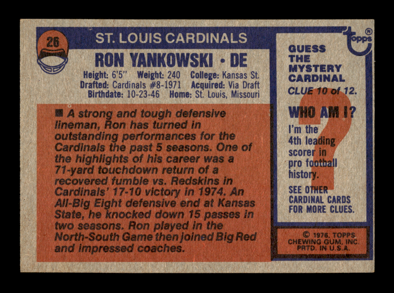 1976 Topps # 26 Ron Yankowski Card (B64) St Louis Cardinals | eBay