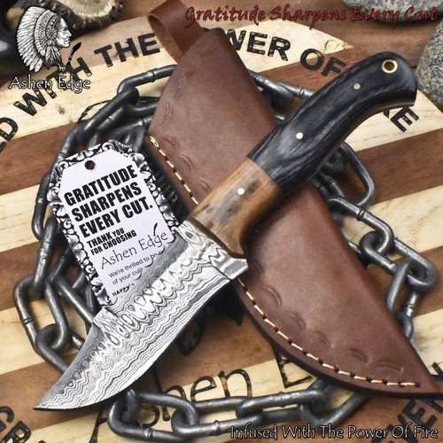 Ashen Edge Custom Hand Forged Skinner Knife Ladder Damascus Hard Wood ...