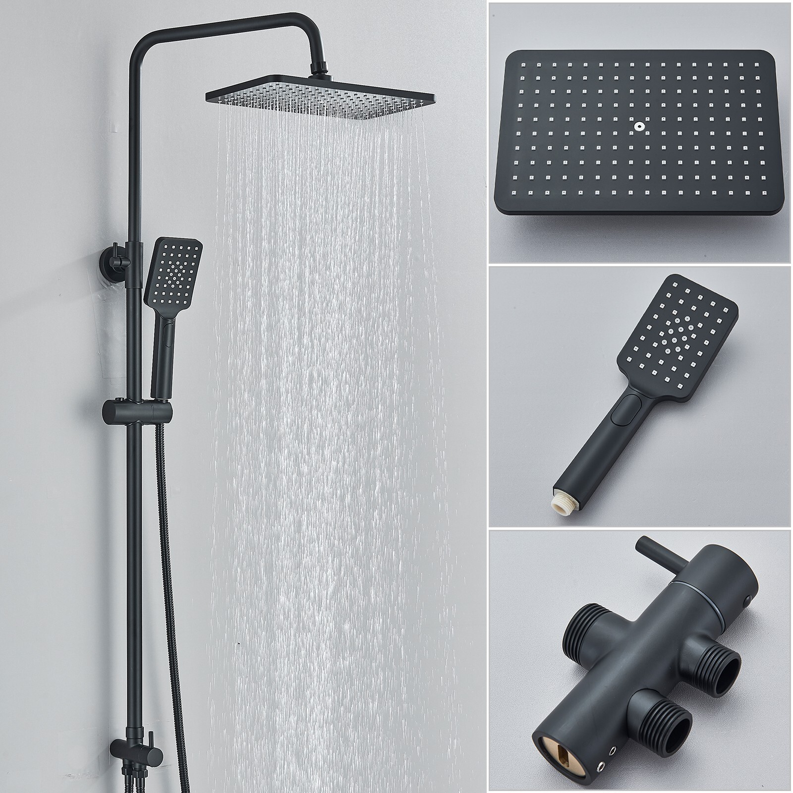 Black Bathroom Exposed Shower Mixer Twin Head Shower Kit Large Square ...