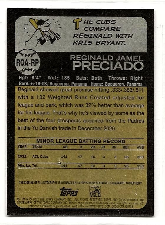 2022 Heritage Minor League Auto Autograph Reginald Preciado #ROA-RP ACL ...