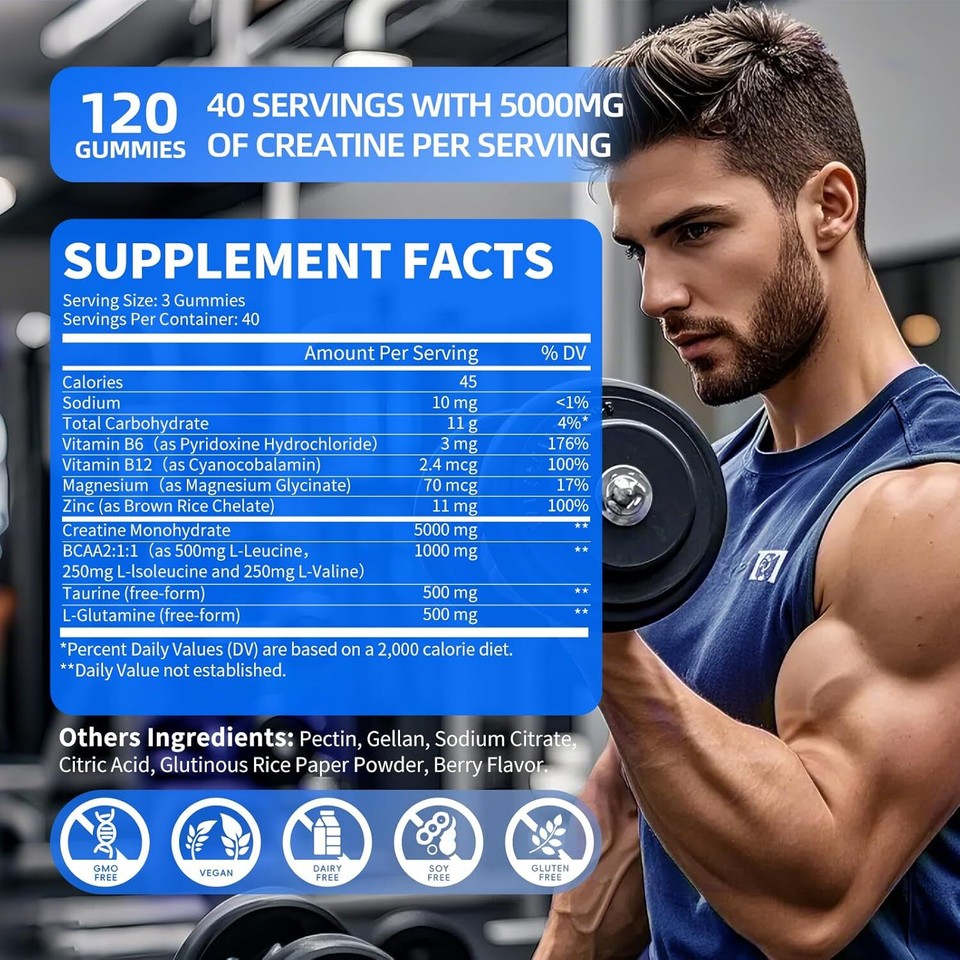 Creatine Monohydrate Blueberry Gummies - Enhance Brain Function + Build ...