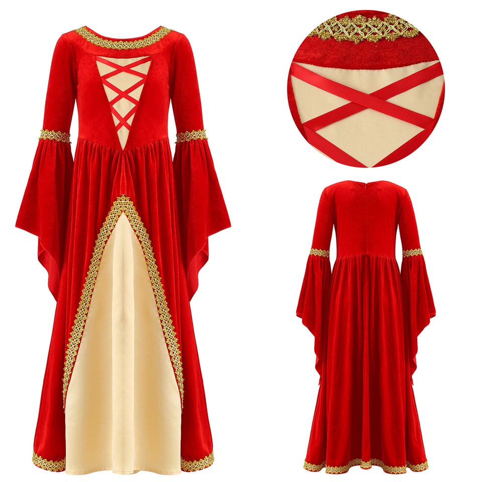 Kids Girls Medieval Costume Flared Sleeve Renaissance Dress Royal ...