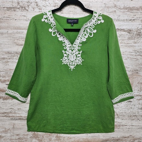 Jones New York 100% Linen Kelly Green Tunic Top Womens M 3/4 Sleeve ...
