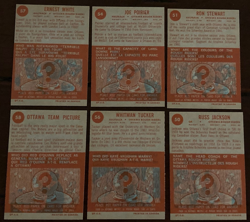 1963 Topps CFL Ottawa Rough Riders LOT of 6 cards in Near Mint ...