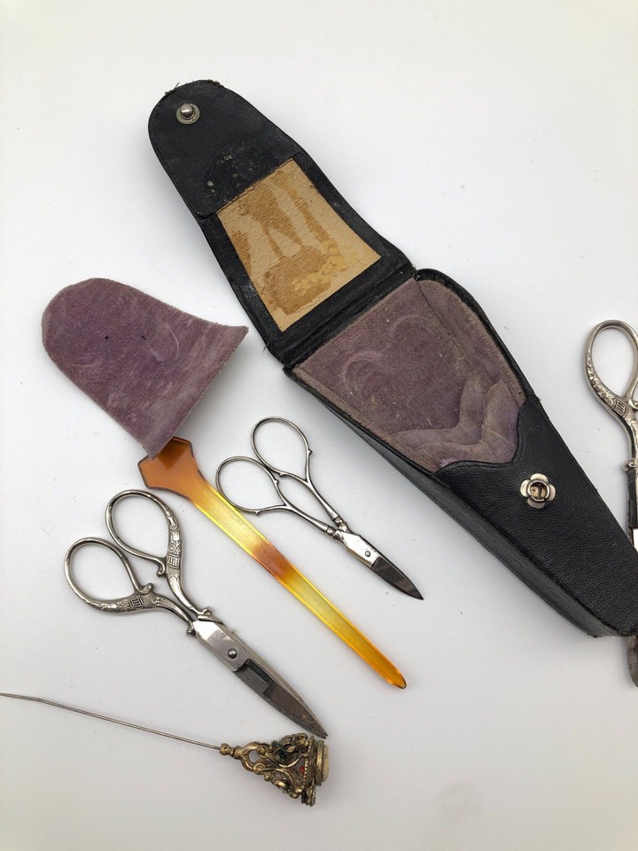 Antique Henkel Sewing Scissors W/ Leather Case & Accessories | eBay