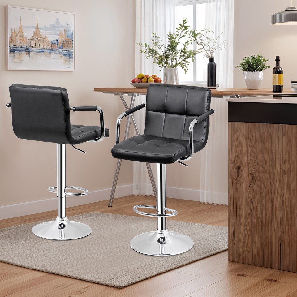 Set of 2 Bar Stools with Back & Arms Waterproof PU Leather Counter ...