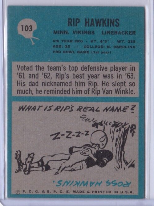 1964 PHILADELPHIA FOOTBALL #103 RIP HAWKINS - VIKINGS | eBay