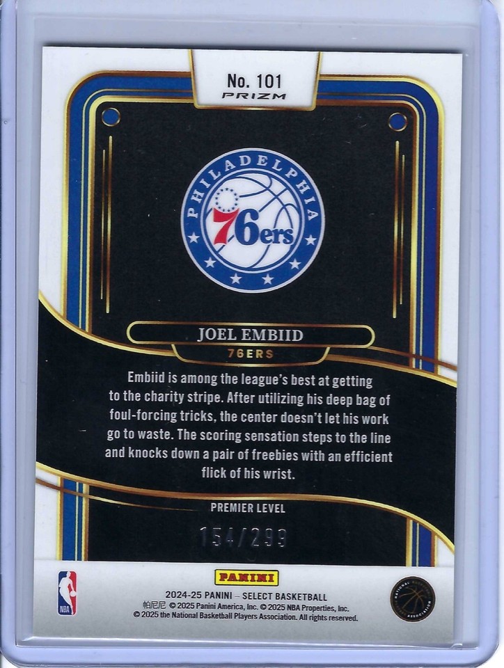 2024-25 Panini Select #101 Joel Embiid Light Blue Prizm 154/299 - 76ers ...