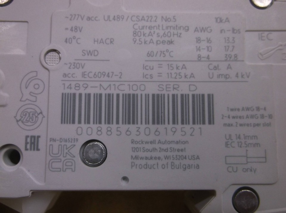 1489-M1C100 D Allen Bradley NEW Circuit Breaker Protector 1P 10A 277VAC ...