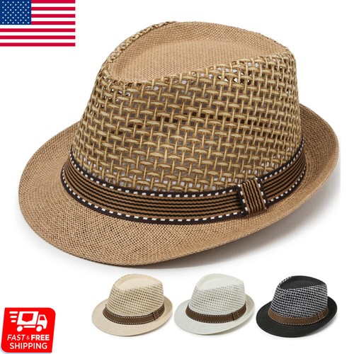Hommes Femmes Paille Jazz Fedora Chapeau Trilby Cubain Coup Cap Panama ...