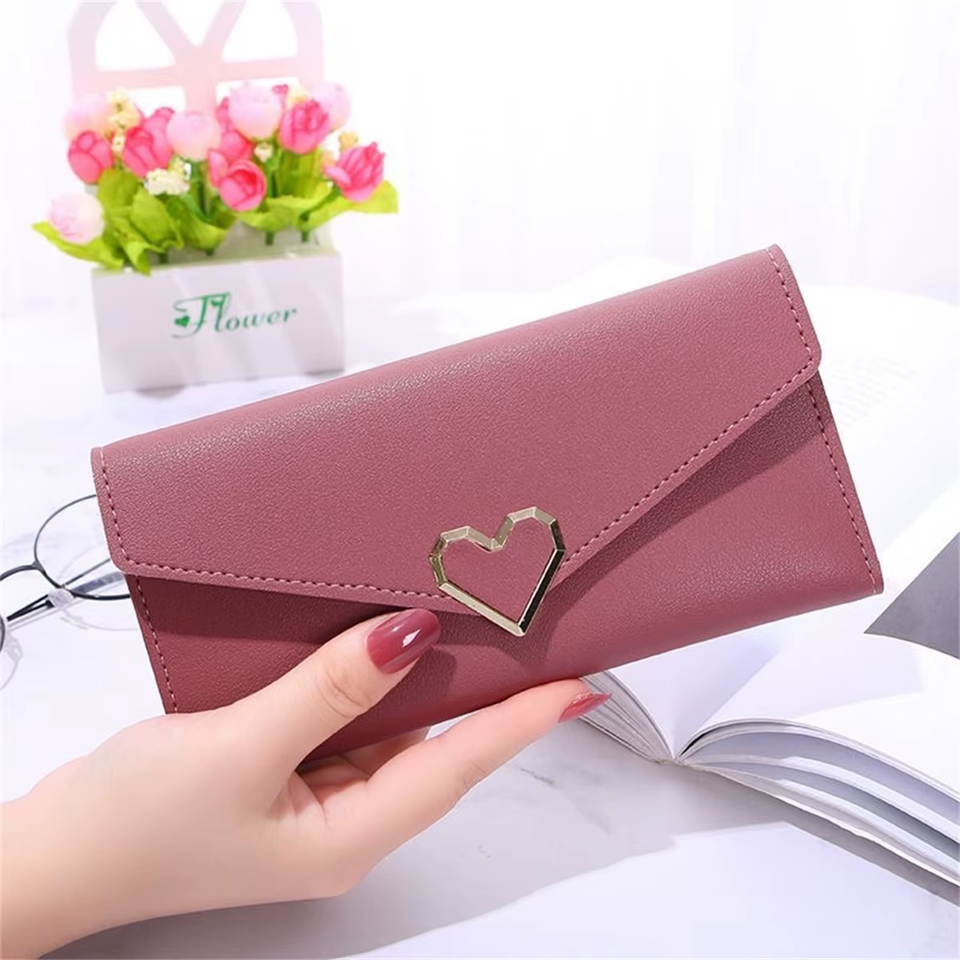 2024 New Plain Heart-Shaped Wallet Ladies Long Multi-Card Buckle Mobile ...