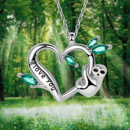 Fashion Heart Rhombus Green Crystal Sloth Pendant Necklace Women Cute ...
