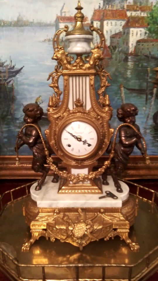 Brevettato Brass and White Marble Italian Clock and Matching ...